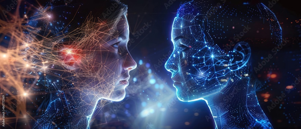 Human and digital being face off in futuristic, glowing connection ...
