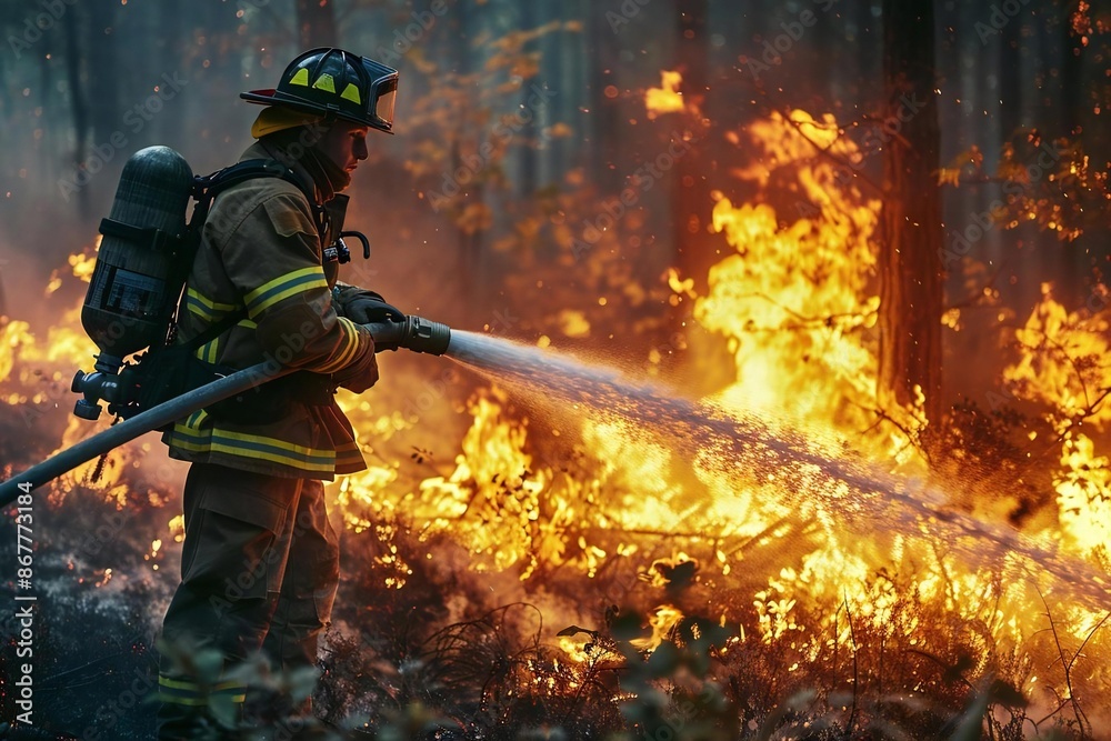 Foto de Full body photo of young Caucasian male firefighter battling ...