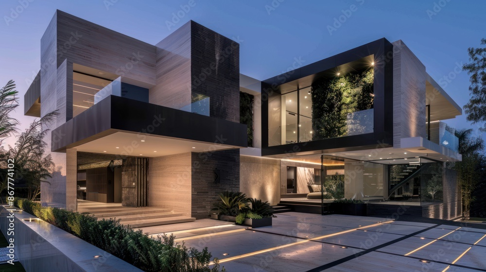 Illustration of a modern and luxurious house with wooden cladding and ...