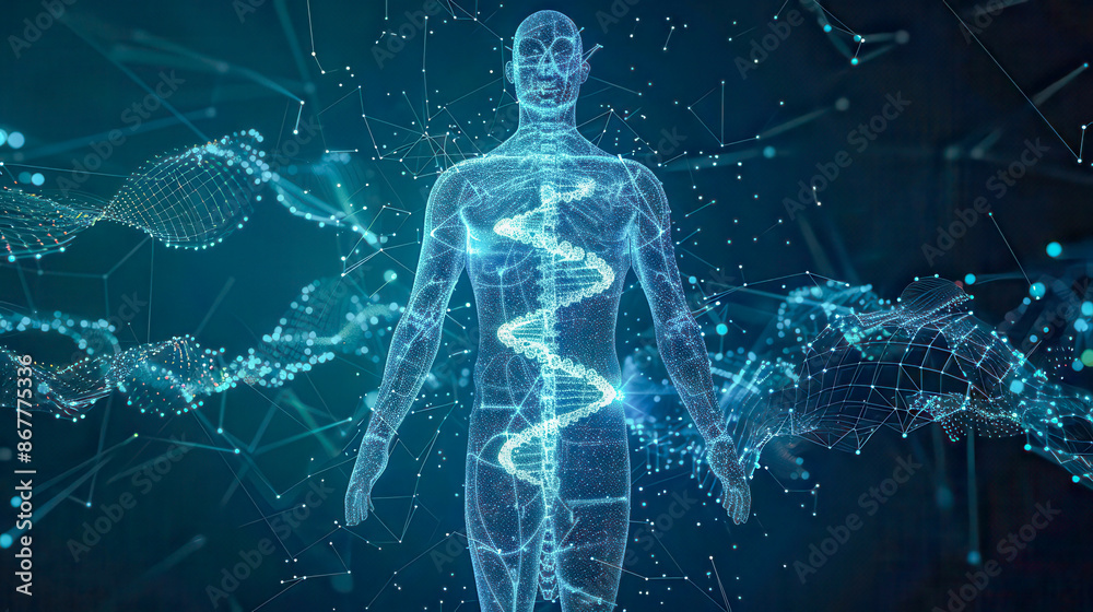 3D hologram projection of a human body, spinning DNA, digital ...