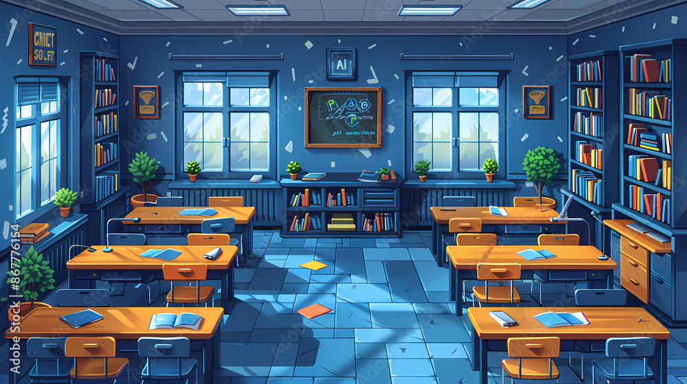 Background image of isometric view of a cute classroom with desks ...