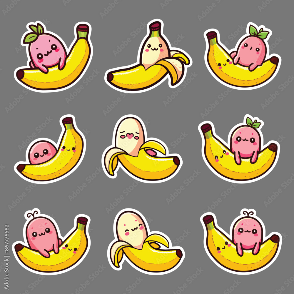 Cute Banana Stickers. Cute banana kawaii stickers. Cute Banana fruit ...