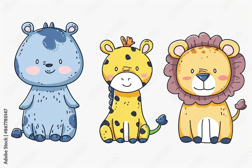 Cute drawing of three little jungle animals in cheerful colors ...