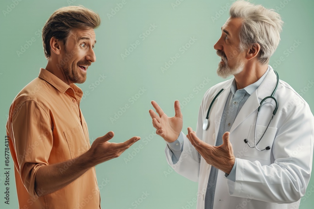 The image depicts a doctor having an animated discussion with a patient ...
