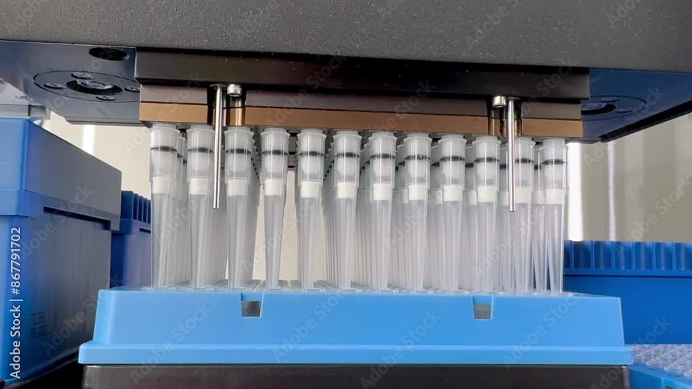 laboratory automated liquid handling system, robotic arm with multiple pipette tips above a tray ...