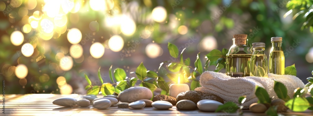 Serene spa scene with stones, oils, nature elements in tranquil setting ...
