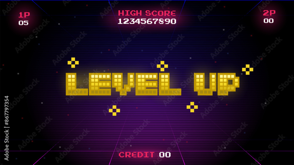 Poster LEVEL UP !! text with gold on arcade background – Wall Art ...