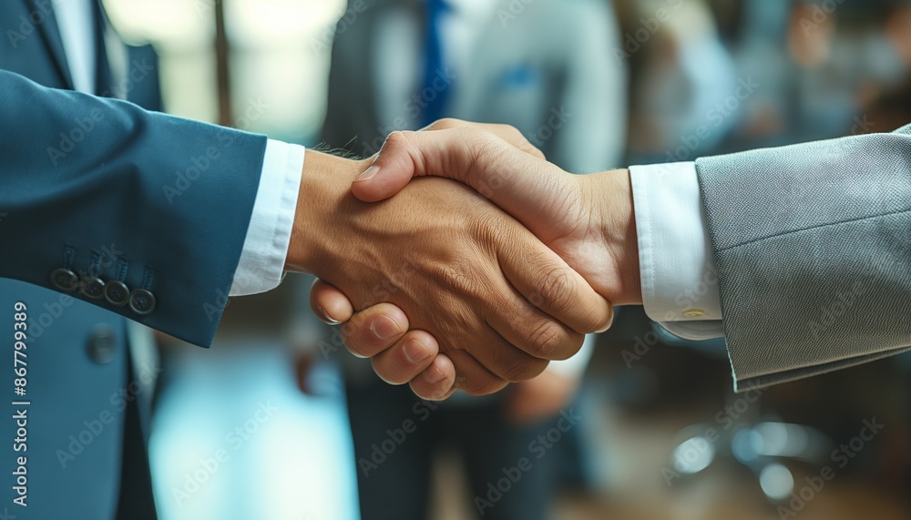Two men in suits exchange a handshake in a corporate environment with ...