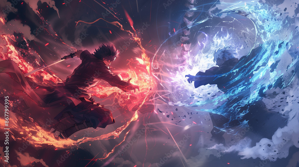 Two anime characters engage in an epic magical battle, their powers ...