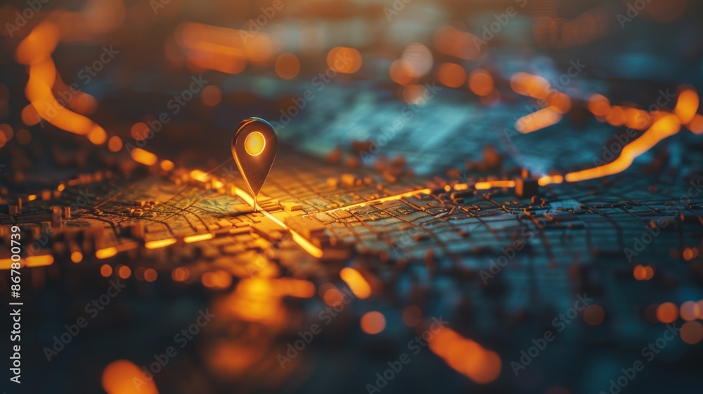 map with a pin marking a precise location, the map illuminated with ...