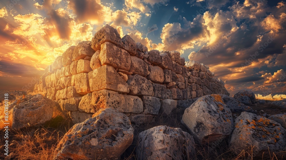 towering Cyclopean masonry wall in an ancient citadel, with massive ...