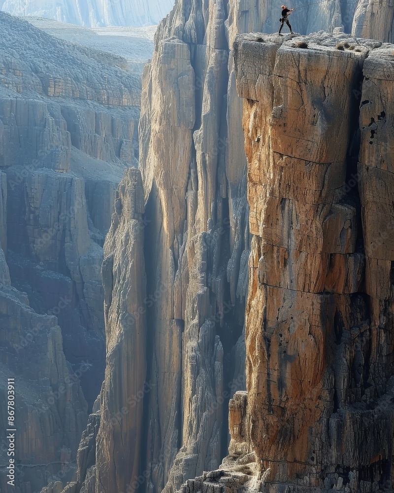 fearless rock climber scaling a sheer cliff face, suspended high above ...