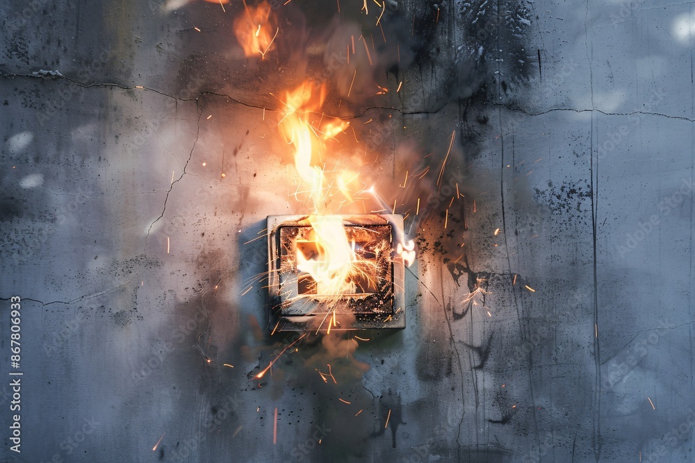 The scene features an electrical outlet engulfed in visible sparks ...