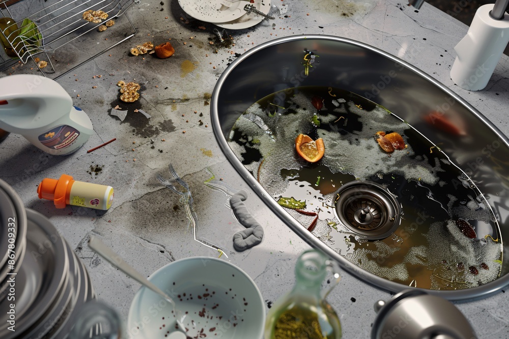 The scene features a kitchen sink filled with dirty water that cannot ...