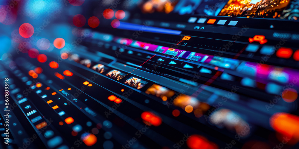 Dynamic digital interface of a professional video editing timeline with colorful and vibrant ...