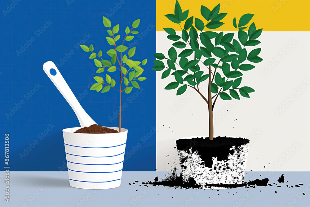 An illustration comparing two trees in pots. One is flourishing with ...