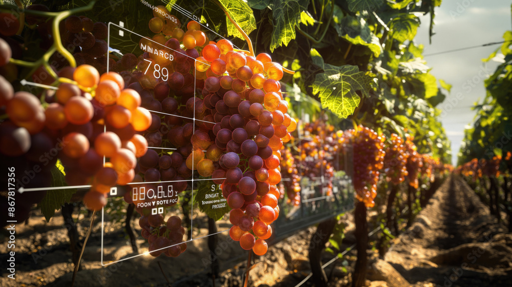 Close-up of ripe red grapes with digital screen data overlay in a ...