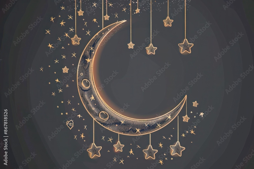 Artistic line art of a crescent moon with hanging stars and spooky ...