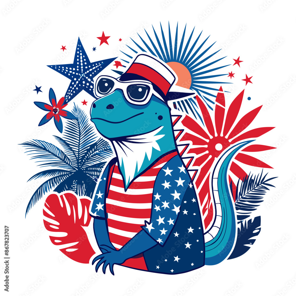American Flag Theme Independence Day Cartoon iguana Vector Illustration ...