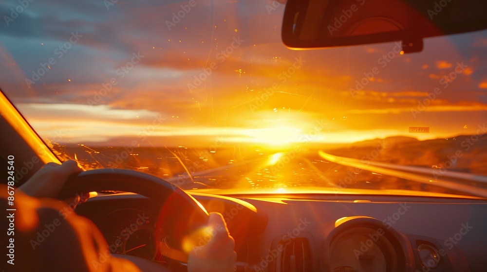 This photo captures a vibrant sunset seen through the windshield of a ...