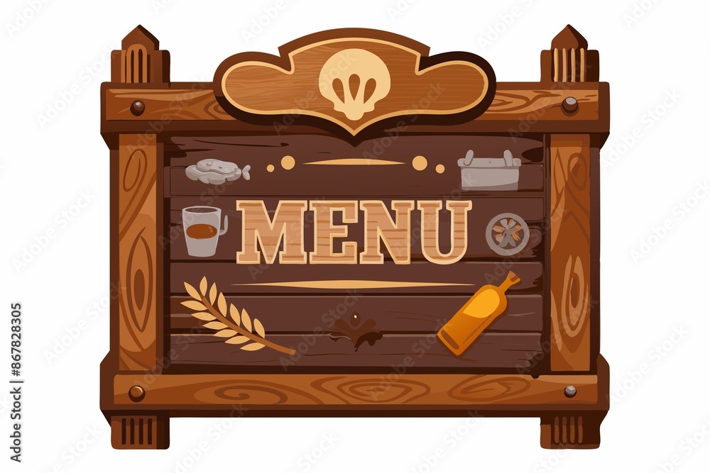 Rustic wooden menu board with old-fashioned font and illustrations ...