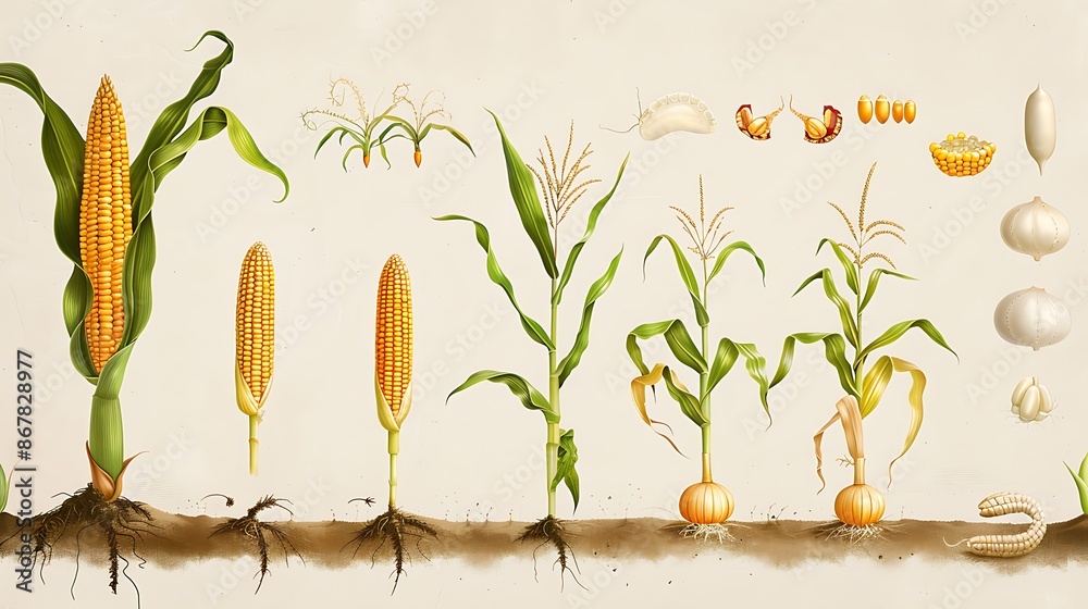 Series of illustrations lifecycle of Corn Plant Zea mays highlighting ...