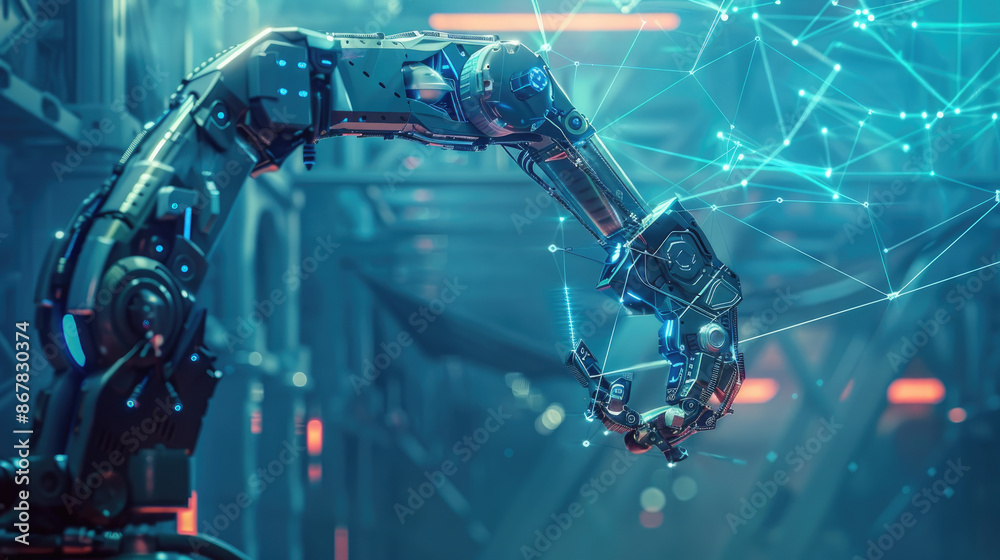 Mechanical robot hand in assembly line of factory, futuristic AI ...