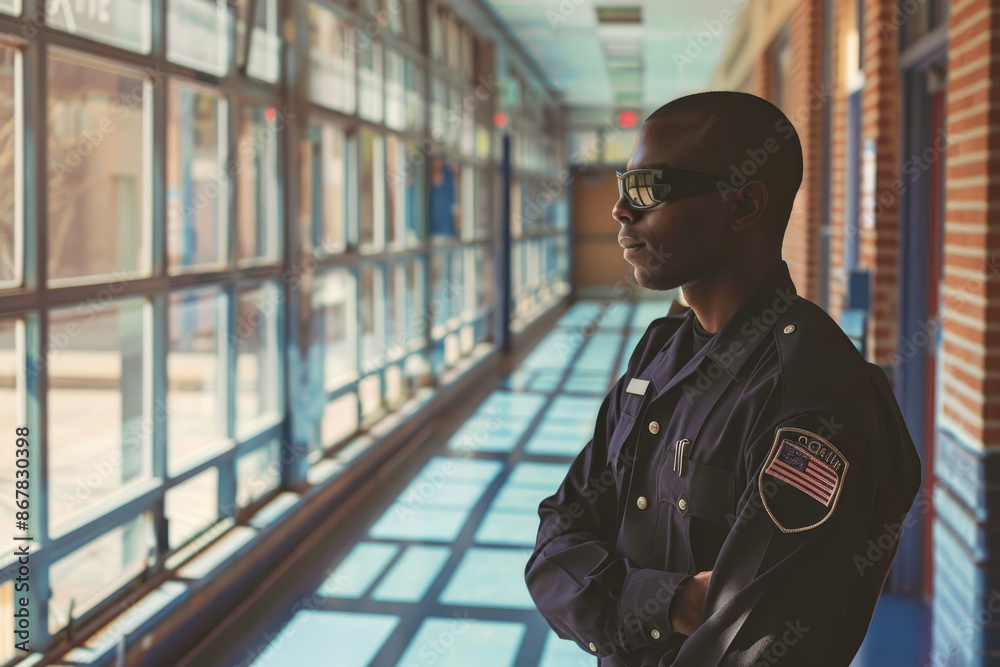 Security guard officer works at school, African American man wearing ...