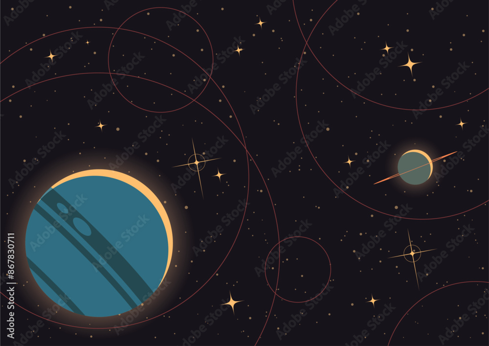 Cosmic Illustration, Deep Space Panorama, Planetary Orbit, Stars, Moon ...