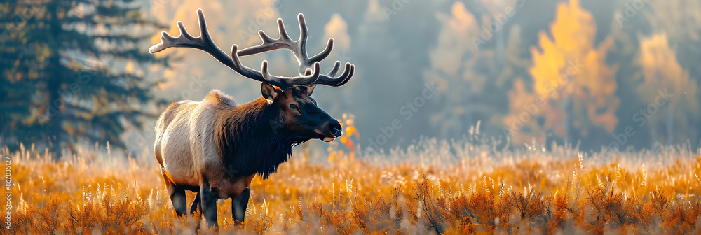 Horned elk standing majestically in a summer-autumn field with a forest ...