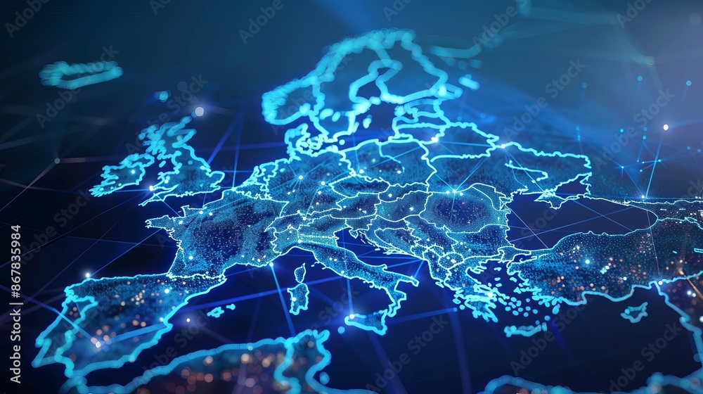 ภาพประกอบสต็อก This image shows a digital map of Europe with glowing ...