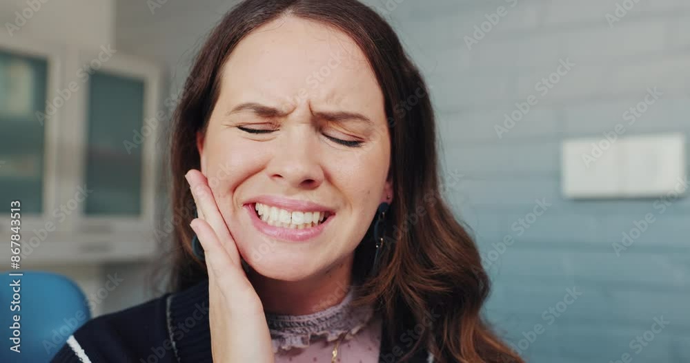 Woman, pain and cavity with dental surgery in clinic for teeth removal ...