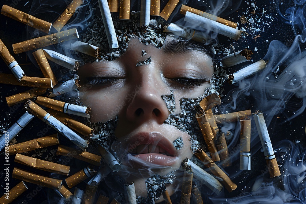 Woman smoker with a cigarette. Bad habit, health hazard. Concept of no ...