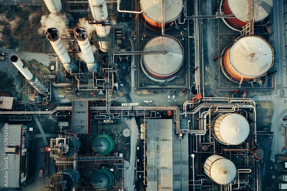 This image shows a panoramic view of an extensive industrial refinery ...