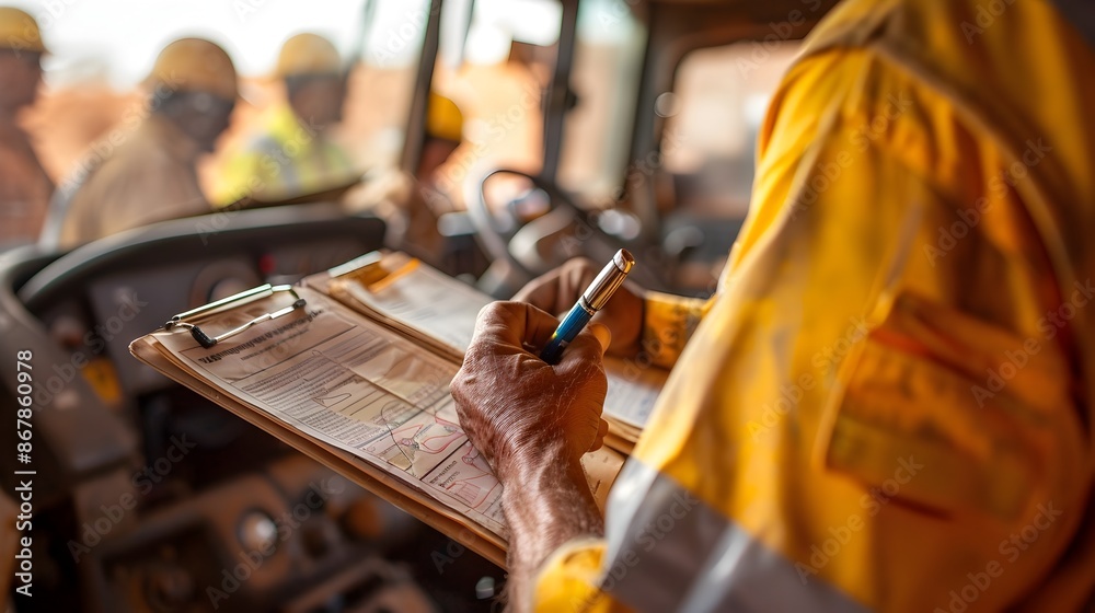 Foto de Aboriginal Mine Worker Inspecting Paperwork Inside Truck at ...