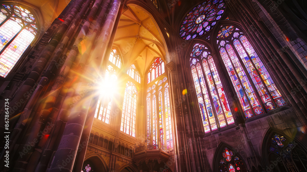 Gothic cathedral with architectural details, stained glass windows ...