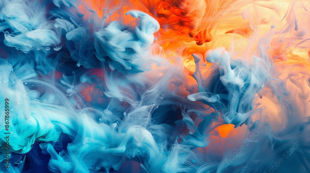 Ethereal and vibrant smoke plumes in blue and orange merge, creating a ...