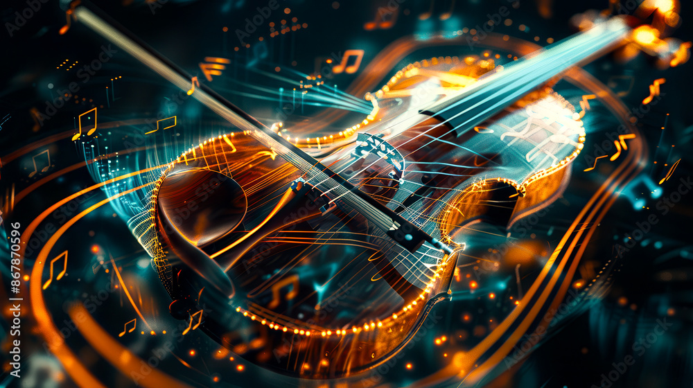 Gold Hologram of a musical instrument whose strings vibrate and make ...