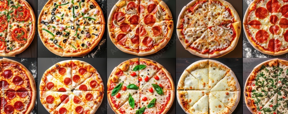 A collection of pizzas with various toppings, including pepperoni, ham ...