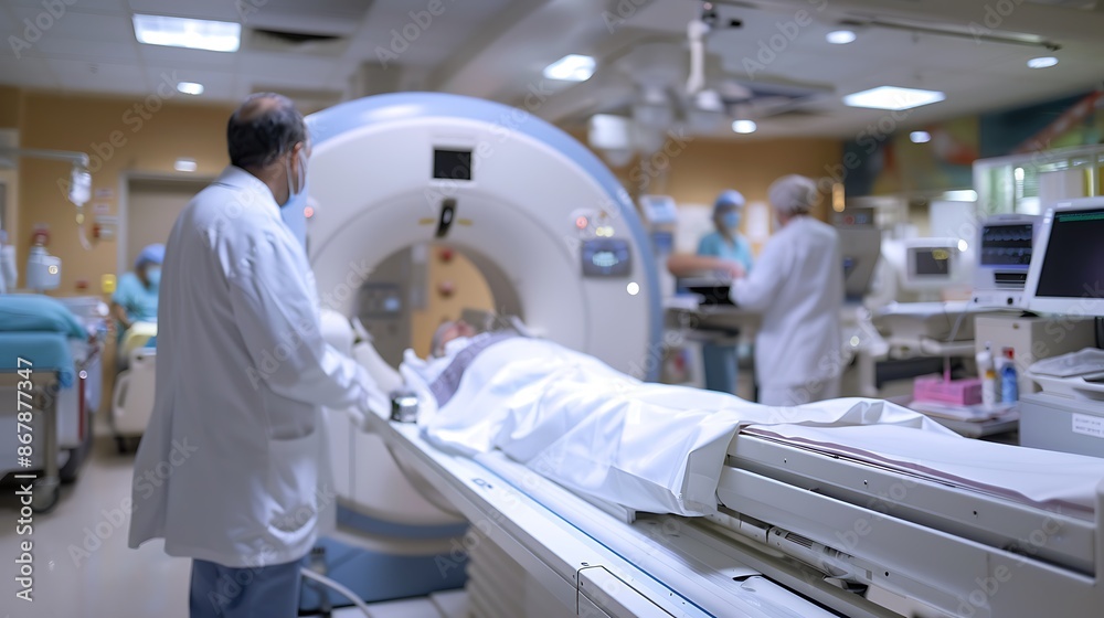 Busy radiology department with diagnostic imaging machines in use ...