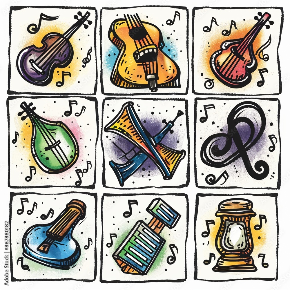 Nine squares arranged in a grid, each featuring a detailed drawing of a ...