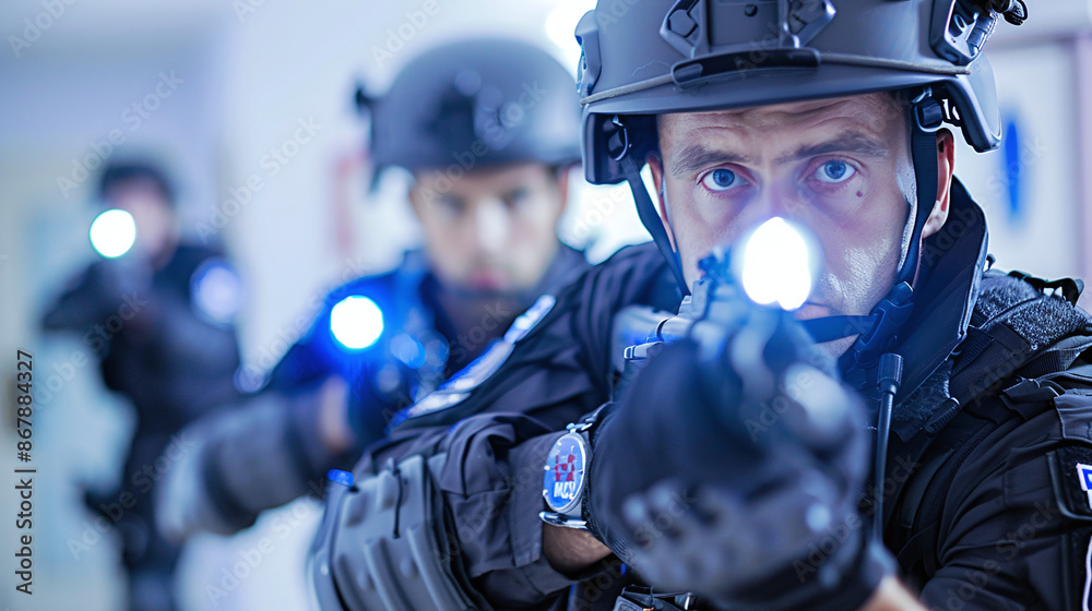 dynamic photo of police officers with battering ram and flashlights in ...