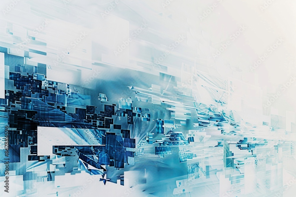 Evolving unity in blue: A network of pixelated shapes in various shades ...