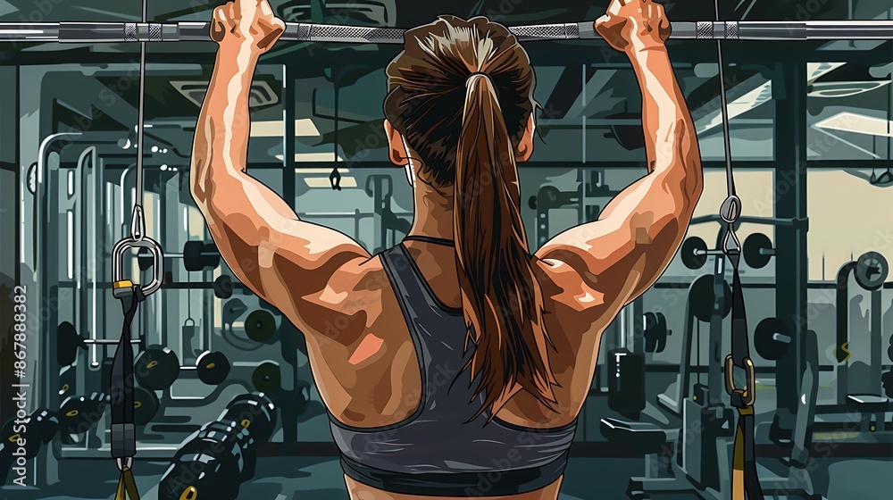 Detailed illustration of a woman executing a lat pulldown exercise in a ...