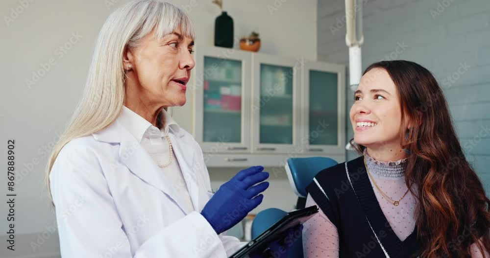 Dentist, conversation and patient in consultation, tablet and diagnosis ...