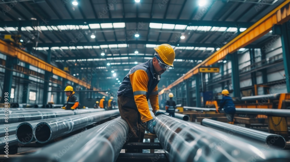 Hispanic and Asian male workers in a modern factory handling steel ...