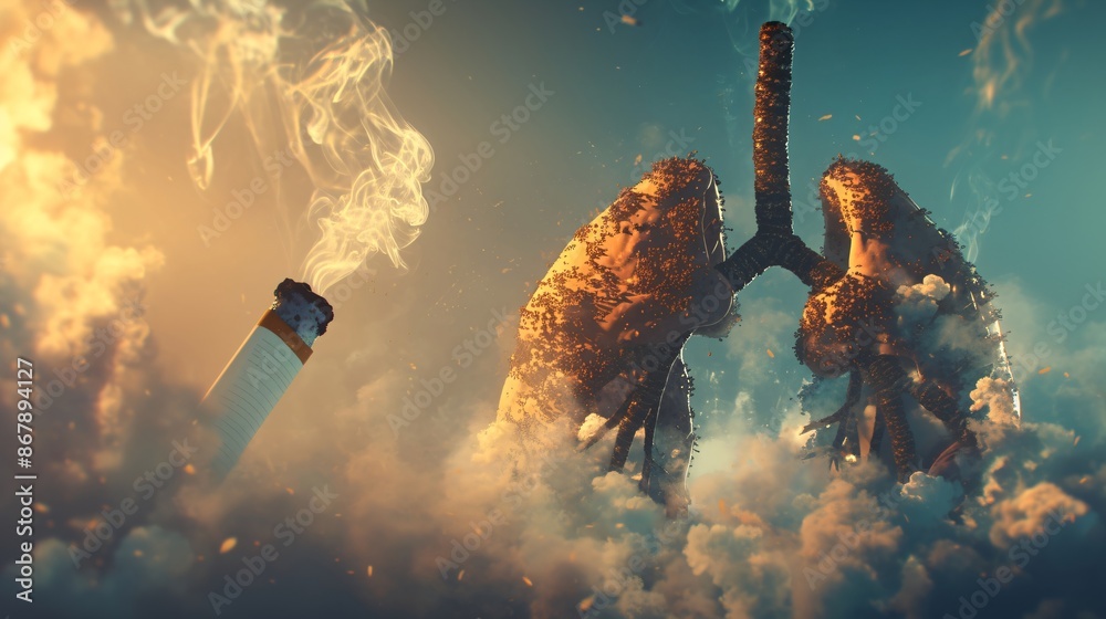 Smoking cigarette and sore lungs. Pneumonia, tuberculosis, lung cancer ...