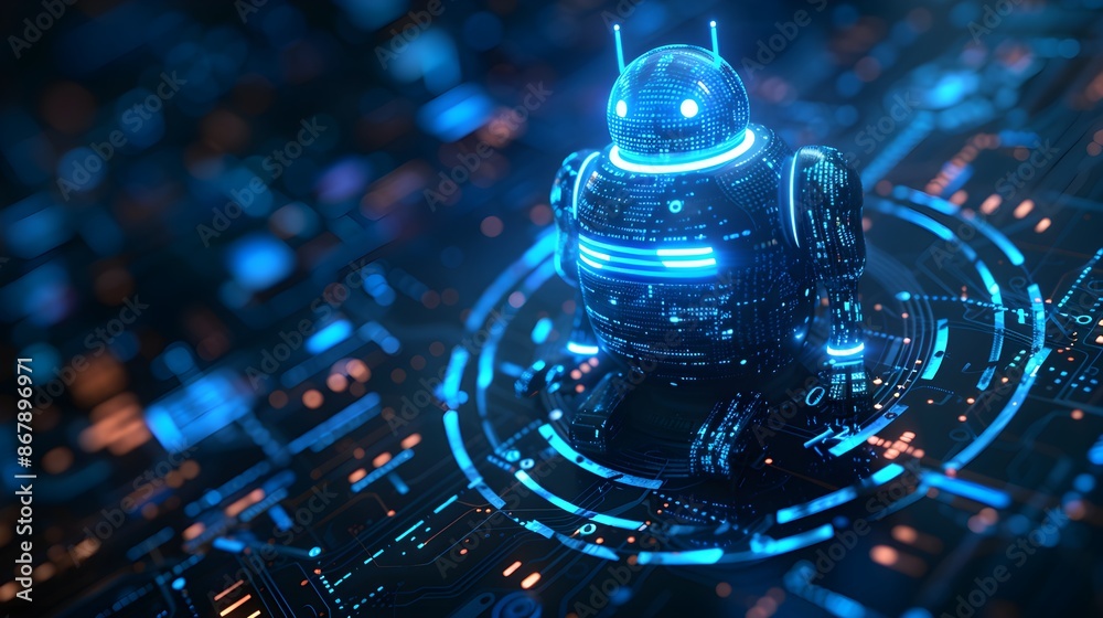 Blue digital robot icon levitation and circle futuristic HUD with Ai ...