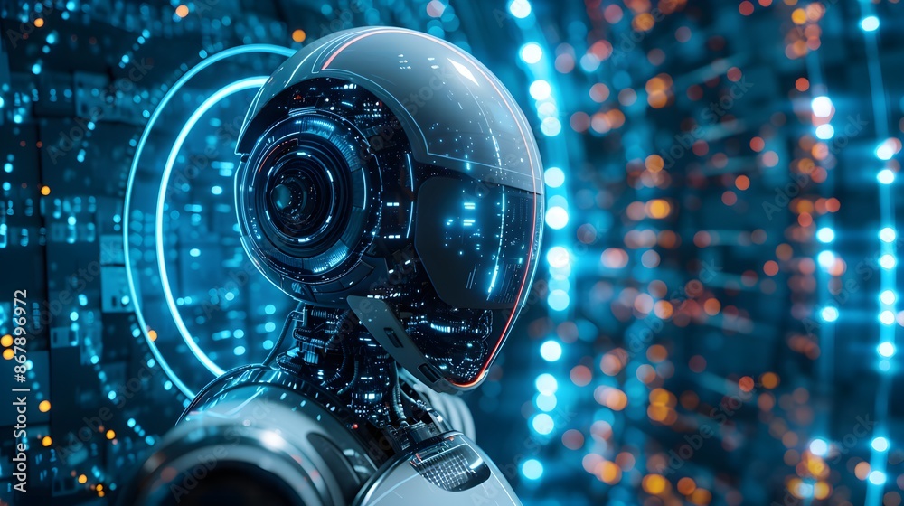 Blue digital robot icon levitation and circle futuristic HUD with Ai ...