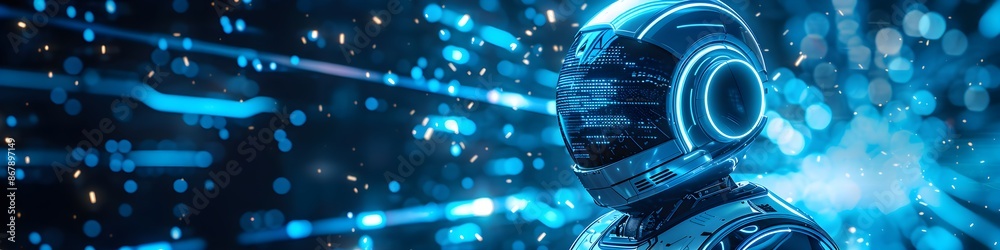 Blue digital robot icon levitation and circle futuristic HUD with Ai ...